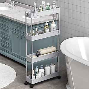 SPACELEAD Slim Storage Cart 4 Tier,Bathroom Organizer Rolling Utility,Mobile Shelving Unit Slide Out for Office, Kitchen, Laundry Room & Narrow Places,Gray