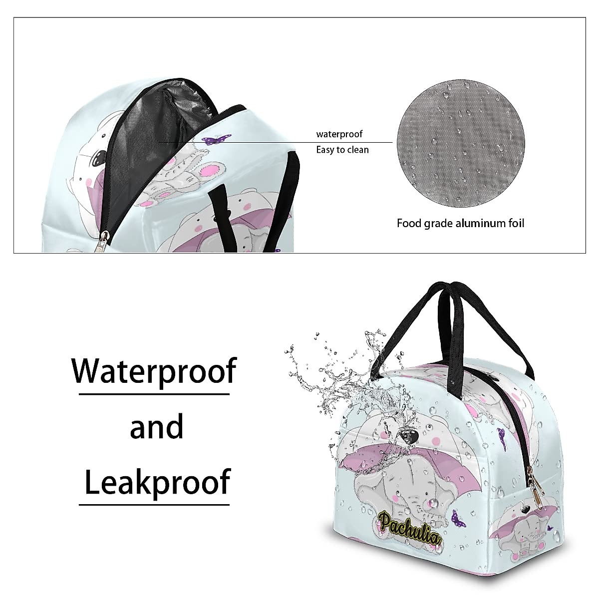 Personalized Text Lunch Bag - Customize Name School Portable Durable Hand Carrying Insulated Lunch Bag Cute Elephant Cartoon