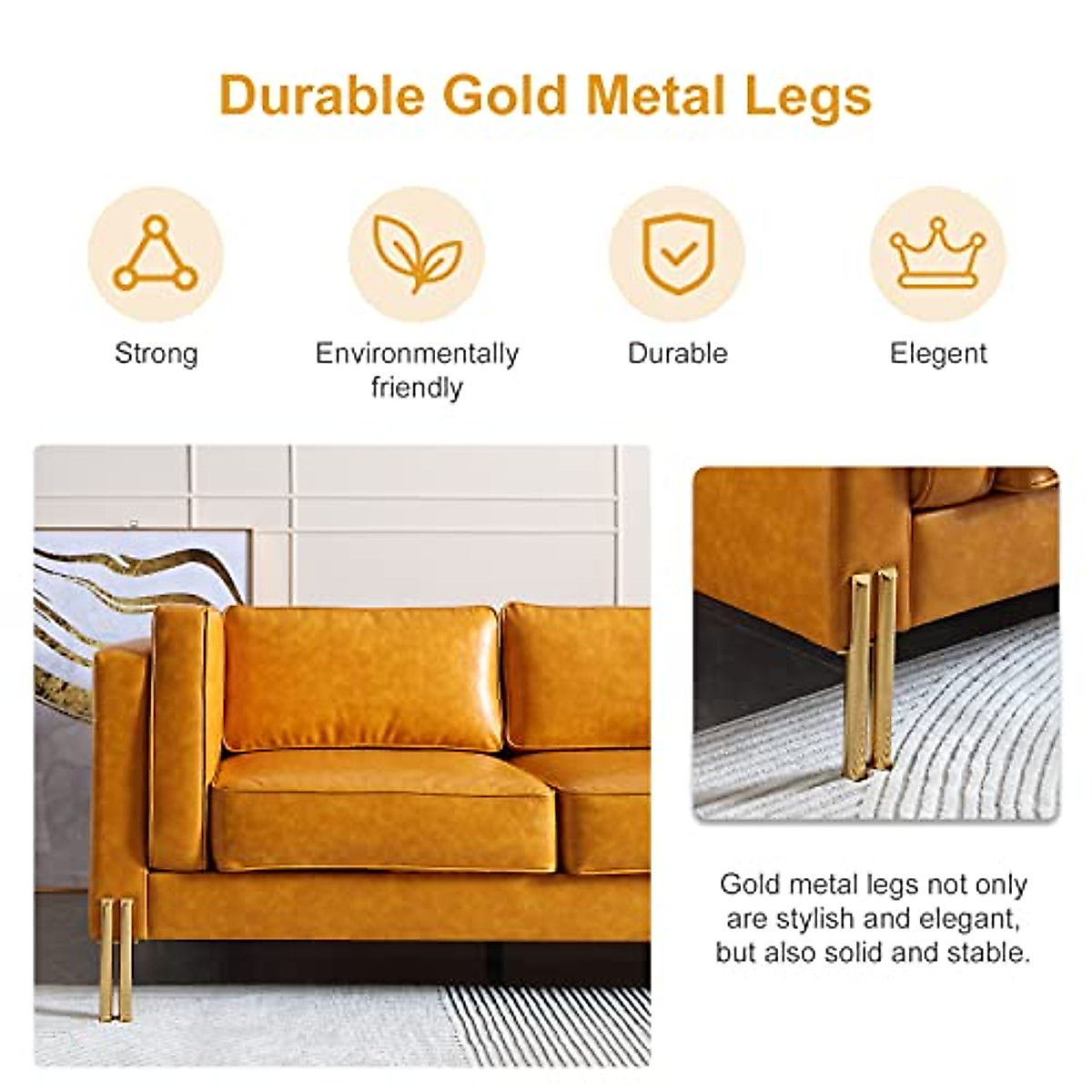 Hommoo Faux Leather Sofa 94" Large 3 Seater Sofa with Removable Cushions Mid Century Modern Couch for Living Room Comfy Couch with Gold Metal Legs Apartment Couch Brown