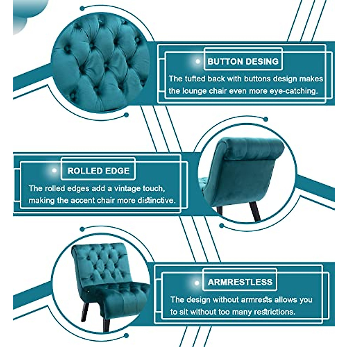 SmartDer Comfy Velvet Accent Chair, Upholstered Armless Side Chair for Living Room, Modern Lounge Chair with Tufted Back and Rolled Edge Design, Comfy Reading Chair with Solid Rubber Wooden Legs,Teal