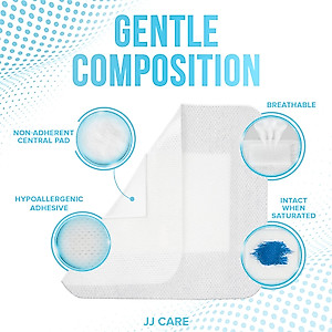 JJ CARE Adhesive Island Dressing [Pack of 50], 4x4 Sterile Bordered Gauze Dressing, Breathable, Individually Wrapped Island Wound Bandages with Highly Absorbent Non-Stick Center Pad