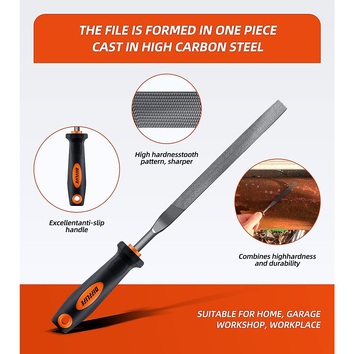 DIFFLIFE 7'' Needle File Set (Carbon Steel 6 Piece-Set) File Handles, Hardened Alloy Strength Steel - Set Includes Flat, Flat Warding, Square, Triangular, Round, and Half-Round File (6-Piece)