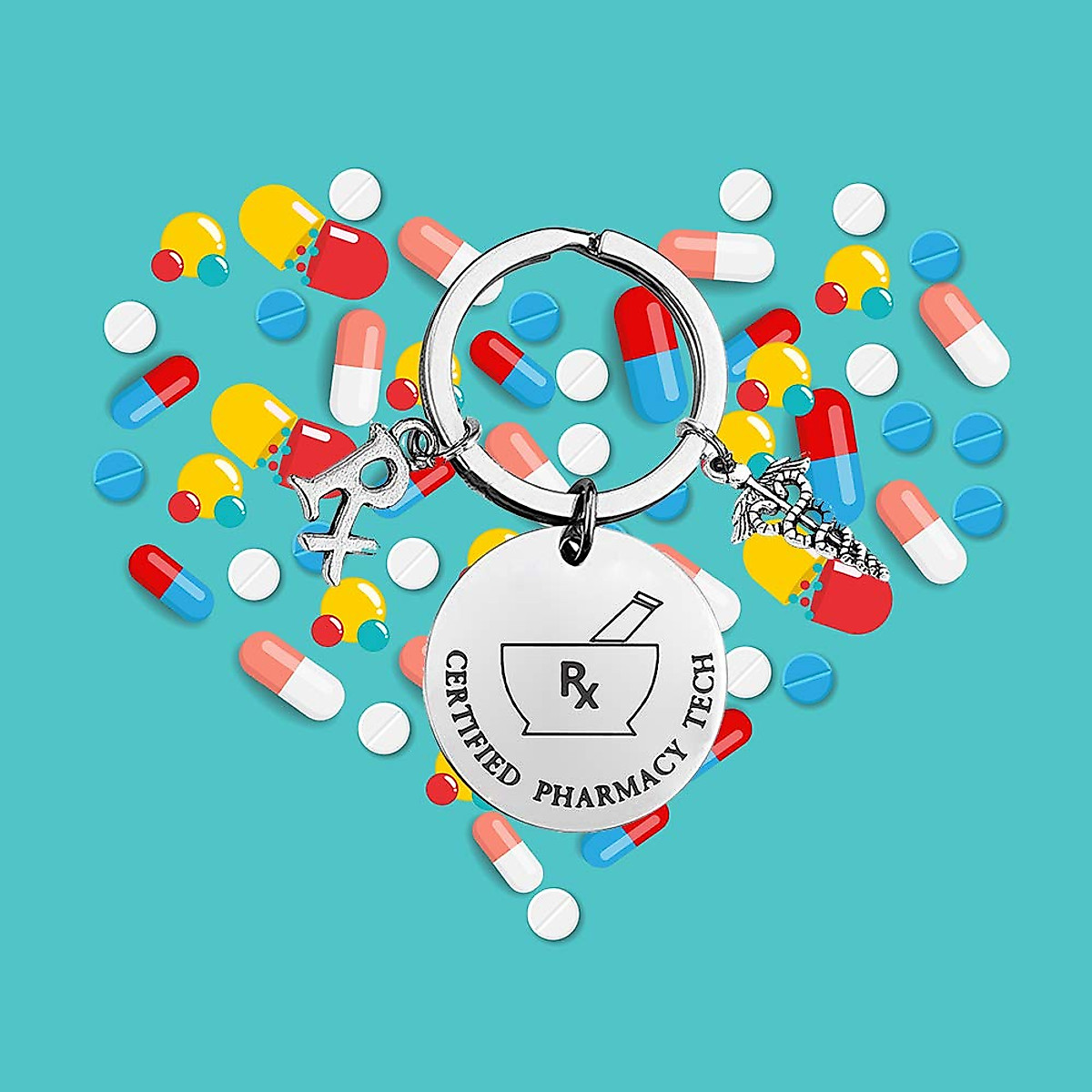 BEKECH Pharmacy Technician Gifts RX Pharmacist Keyring Gift Certified Pharmacy Tech Keychain RX Jewelry Pharmacy Jewelry Pharmacist Gift Pharmacy Student Graduation Gift (silver)