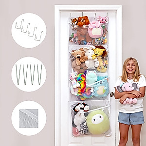 Lilly's Love Over Door Stuffed Animal Toy Storage Hanging Organizer | 4 Expandable Mesh Net Pockets, Stores Loads of Plush Toys | Large Plushie Display for Boys, Girls | White (65" x 23")