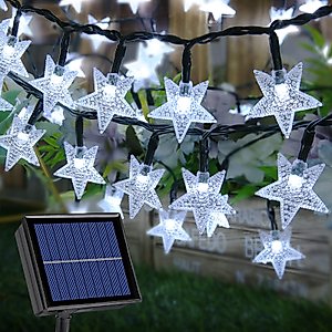 iBaycon Solar Star Lights Outdoor, 32Ft 50LED Star Christmas String Lights, 8 Modes Solar Powered Lights String for House Eaves Roof Christmas Holiday Decorations