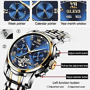 OLEVS Self Winding Blue Watches for Men Automatic Mechanical Tourbillon Stainless Steel Waterproof Luminous Luxury Dress Wrist Watches