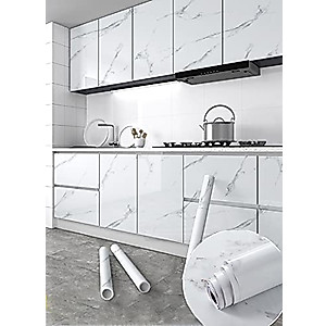 Glossy Marble Paper Granite Gray/White Wallpaper Peel and Stick Wallpaper Self Adhesive Removable Wallpaper 15.8″ ×197″ Waterproof Countertop Paper for Cabinet Countertop Furniture Kitchen Viny Film