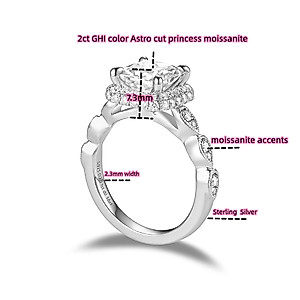 DovEggs 2 carat Center 7x7mm G-H-I Color Princess Astro Cut Moissanite Halo Engagement Ring Sterling Silver with Accents for Women Band Width 2.3mm (5.5)
