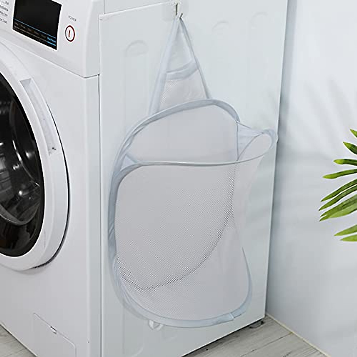 Asonen Hanging Pop Up Laundry Basket, Foldable Mesh Hamper Dirty Clothes Basket with Carry Handle Suitable for Travel, Bedroom, Bathroom, Dorms (1 Pack, White)