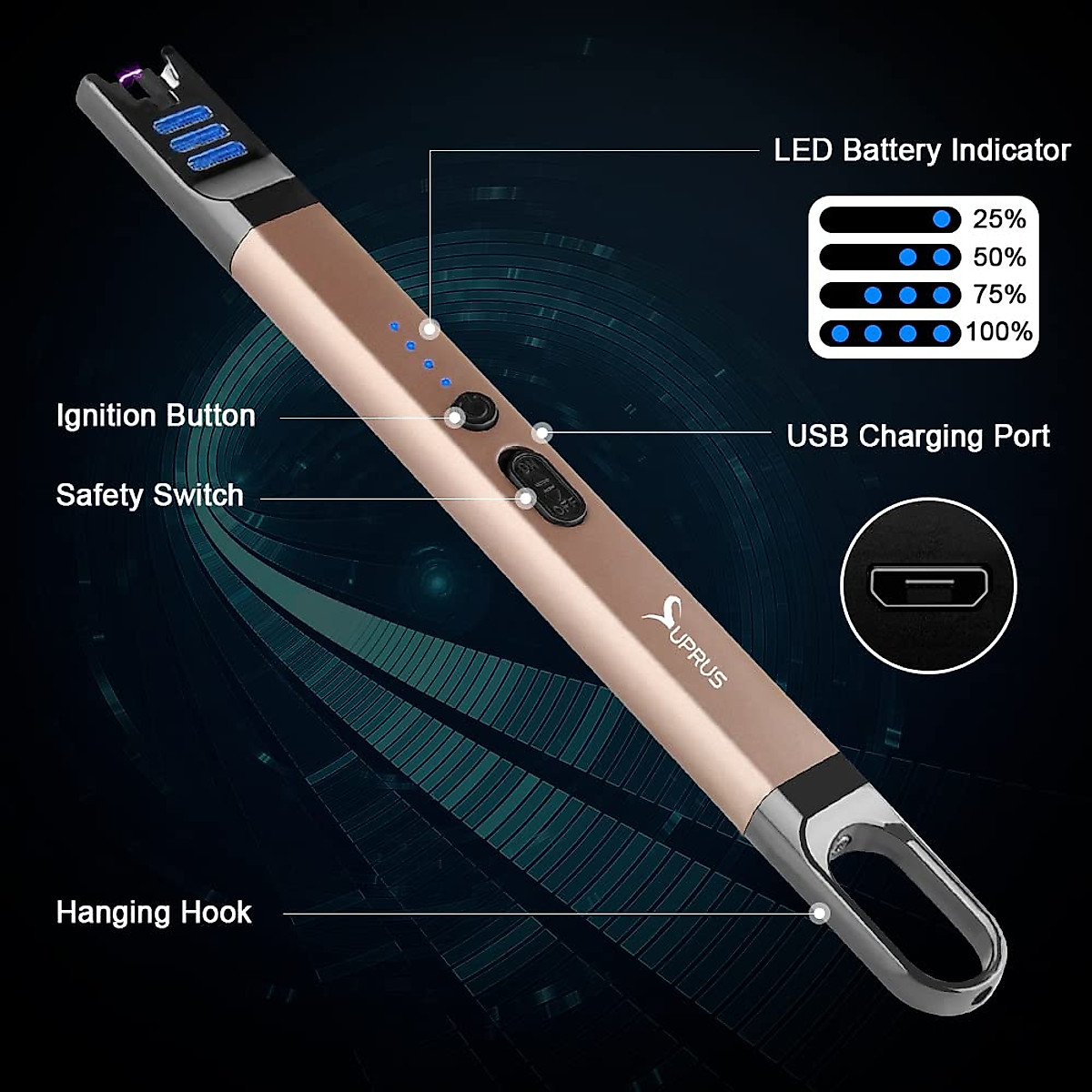 SUPRUS Candle Lighter Electric Arc Lighter Windproof Flameless USB Rechargeable Lighter with LED Light for Candle Camping BBQ Cooking (Champagne Gold)