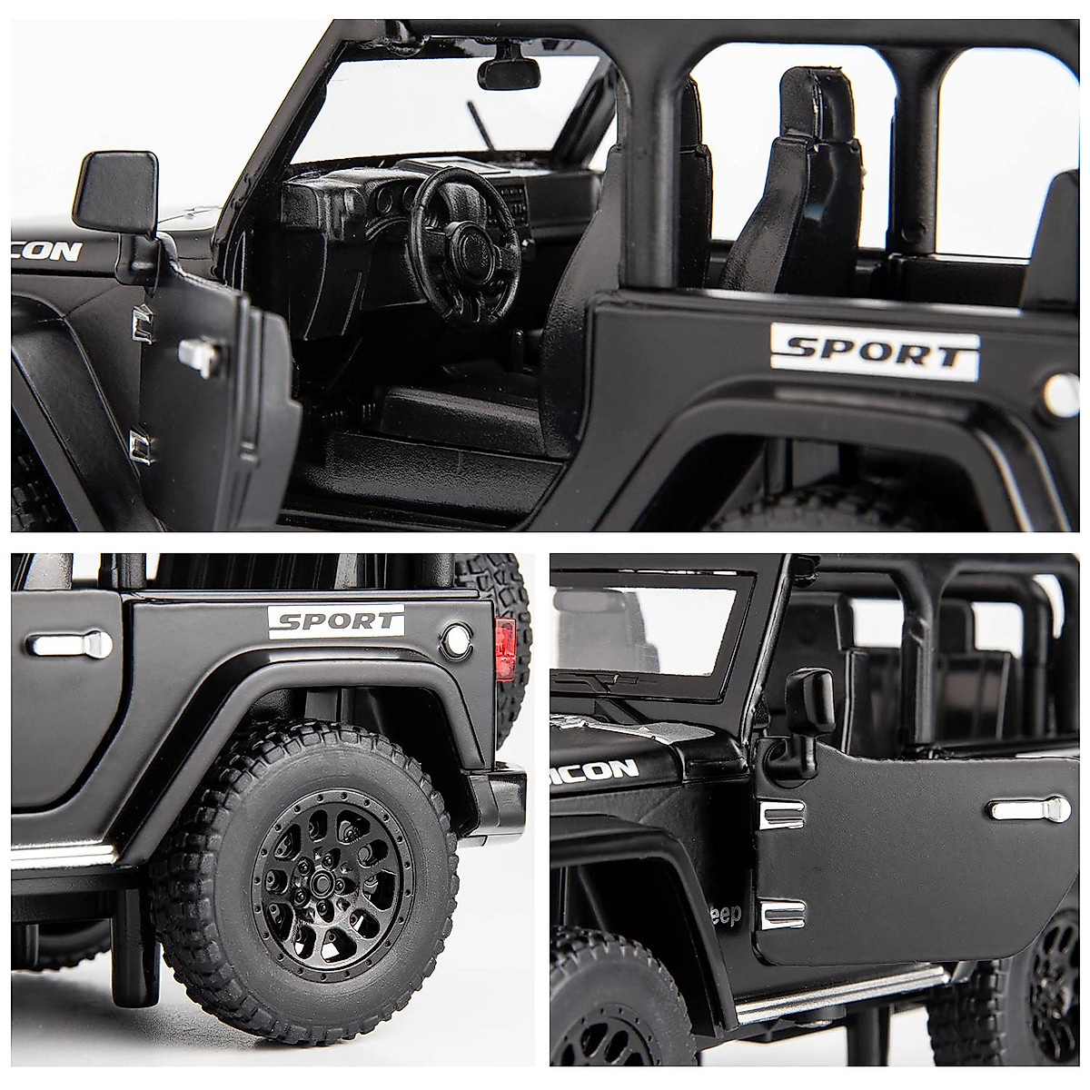 BDTCTK Compatible for 1:32 Wrangler Model Car, Zinc Alloy Pull Back Toy Car with Sound and Light for Kids Boy Girl Black