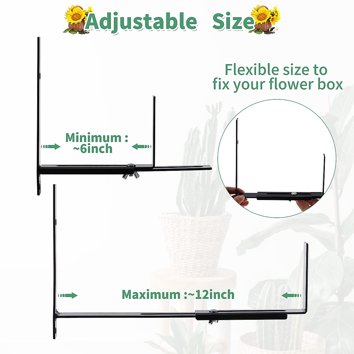 Weysat 8 Packs Window Planter Box Brackets Adjustable Planter Box Brackets Flower Box Brackets for Railings Wall Mount Heavy Duty Holder for Patio Balcony Garden Planter Boxes 6 to 12 Inches, Black