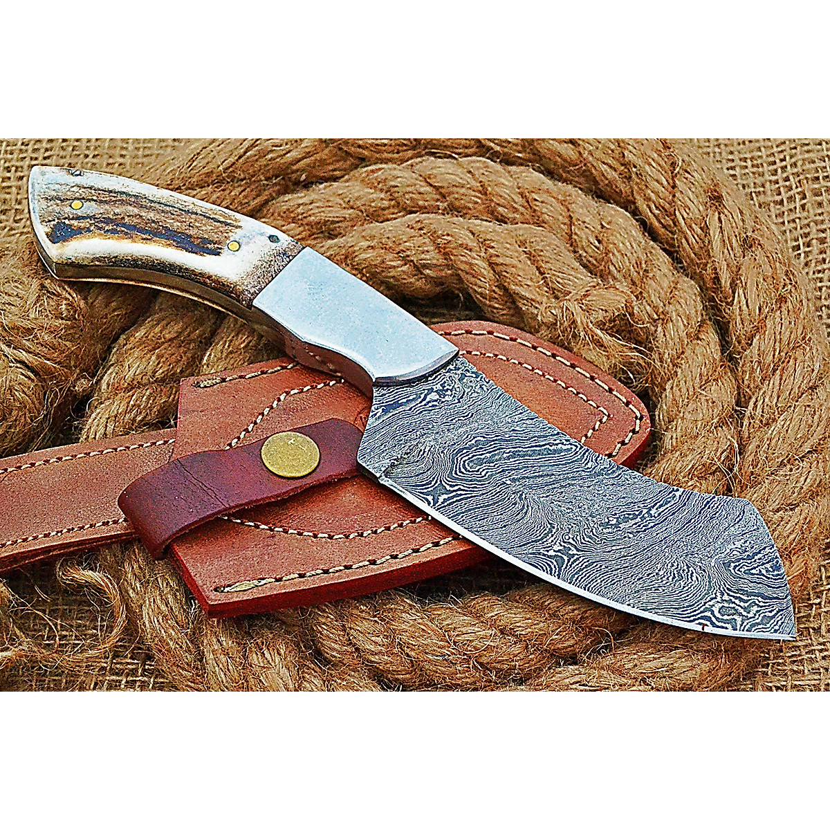 HUNTEX Handmade Hand-Forged Twist Pattern Damascus Steel 9 Inch Long Full Tang Natural Deer Antler Handle Razor Sharp Hunting Camping Cleaver Knife w/Genuine Leather Sheath