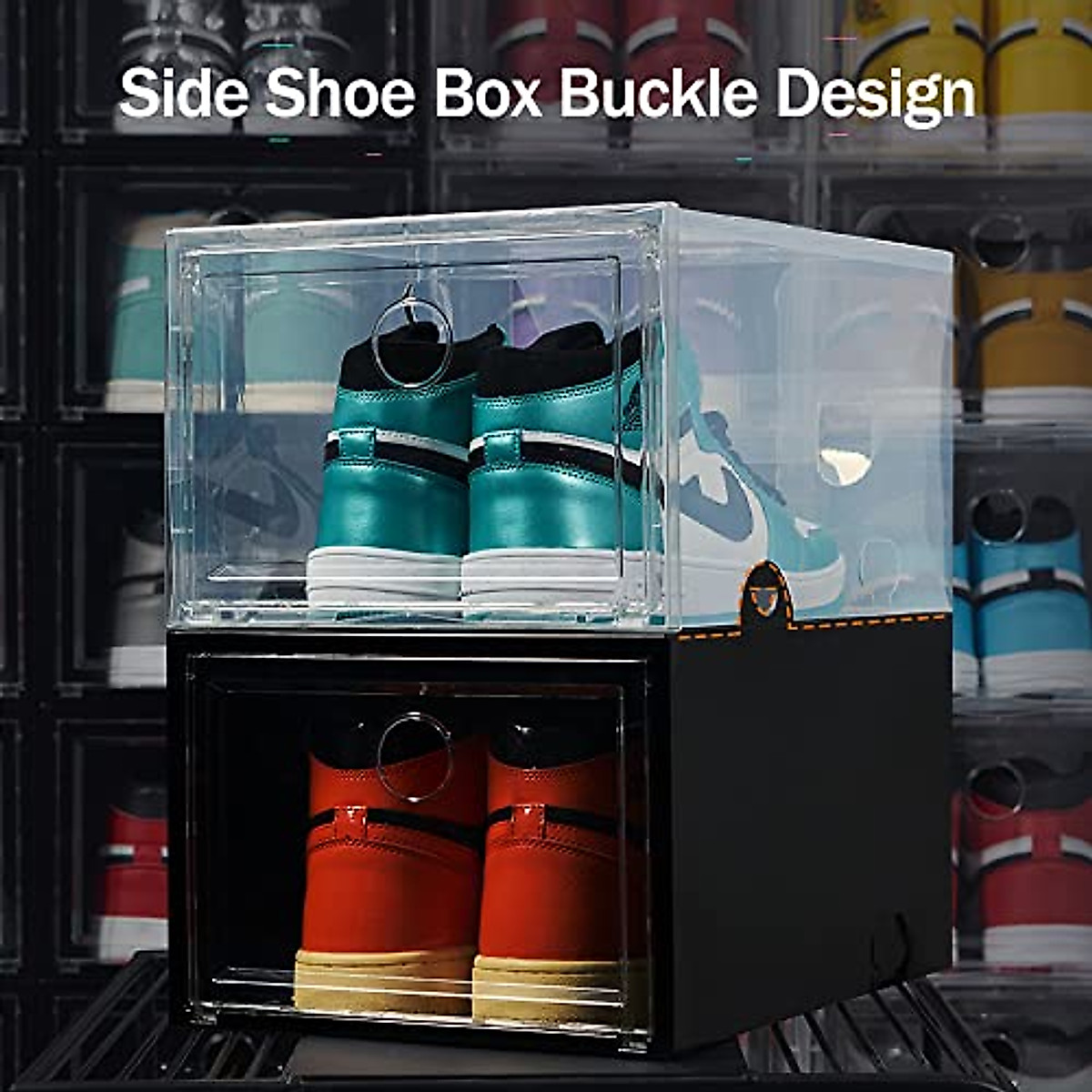 MUKIRAN HOME 12 Pack Shoe Storage Boxes, Shoe Box Clear Plastic Stackable, Drawer Type Front Opening Shoe Holder Containers (Black)