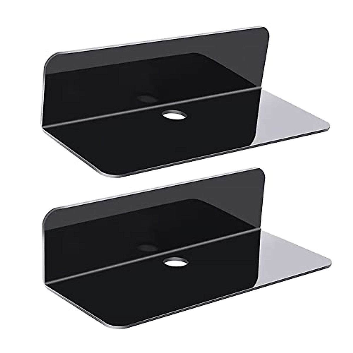 Acrylic Floating Wall Shelves 2 pcs, Damage-Free Expand Wall Space, Small Display Shelf for Smart Speaker/Action Figures with Cable Clips, Bluetooth Speaker, Webcam, Phone Stand (Black)