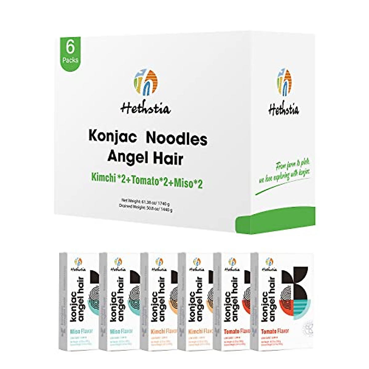 Hethstia Shirataki Noodle, Konjac Ramen(61.38oz), 6 Pack Flavored Angel Hair, Variety Flavor