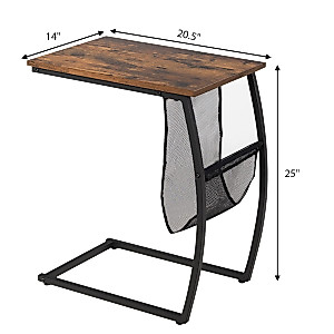 Tangkula Sofa Side End Table, C Table Snack Table with Side Pocket & Metal Frame, Over Bed Table Industrial Side Table for Sofa Couch Bed, Living Room, Bedroom (Rustic Brown)