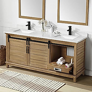 OVE Decors Edenderry 72" Double Undermount Sink Bathroom Vanity with Cultured Marble Countertop and Barn Doors, Pre-Assembled | Backsplash Included | 03 Drawers and Power Bar, 72 inches, Rustic Almond