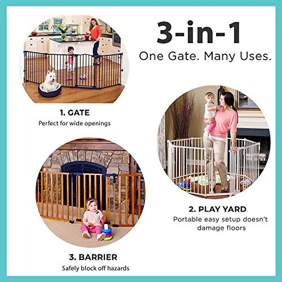 Toddleroo by North States 3 in 1 Metal Superyard: 151" long extra wide baby gate, barrier or play yard. Hardware or freestanding, 6 panels, 10 sq.ft. enclosure (30" tall, Taupe)