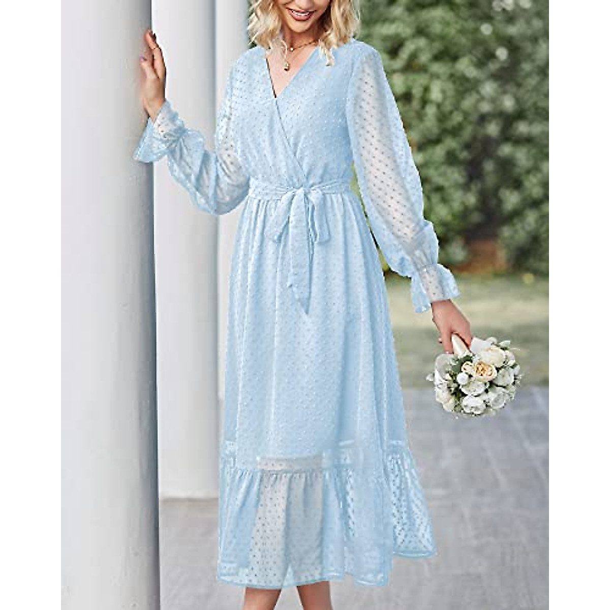 BTFBM Women's Casual Party Summer Fall Dresses 2023 Long Sleeve Wrap V Neck Swiss Dot Swing A-Line Maxi Dress with Belt(Swiss Dot Light Blue, Small)