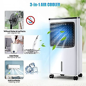 3-IN-1 Evaporative Air Cooler, Wide Oscillating Air Cooler with Humidifier, Remote Control, 2 Ice Packs & 2.1 Gallons Water Tank. Portable Tower fan for Room, Office & Home