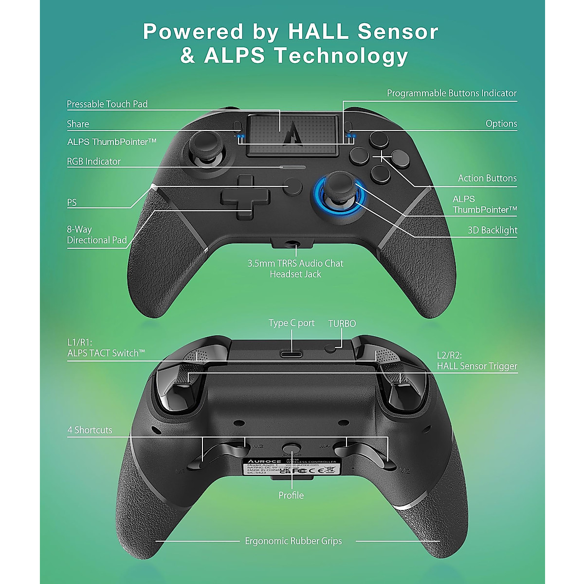 ASUSPORACE AUROCE Wireless Controller for PS4 Pro/Slim/PC, PS4 Controller Pro Gamepad with ALPS Joystick Hall Trigger Dual Vibration Mapping Button, Substitute for PlayStation 4 DualShock 4[1 Pcs]
