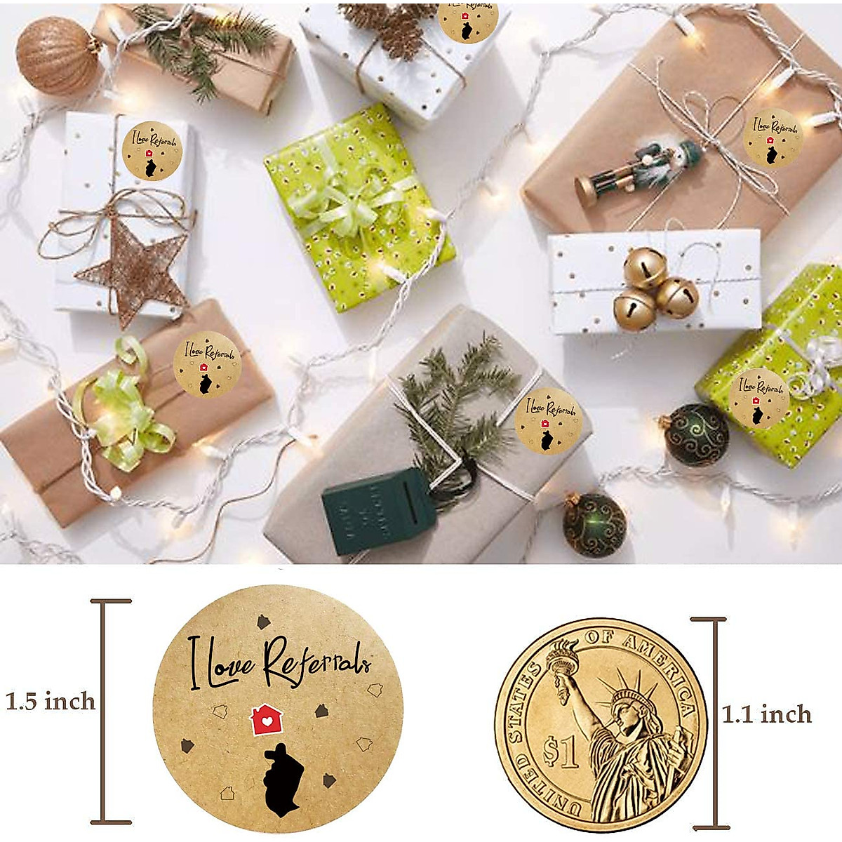 I Love Referrals Stickers 1.5 inch Natural Brown Kraft Real Estate Agents and Sales Marketing Supplies for Small Business Thank You Labels 500 pcs