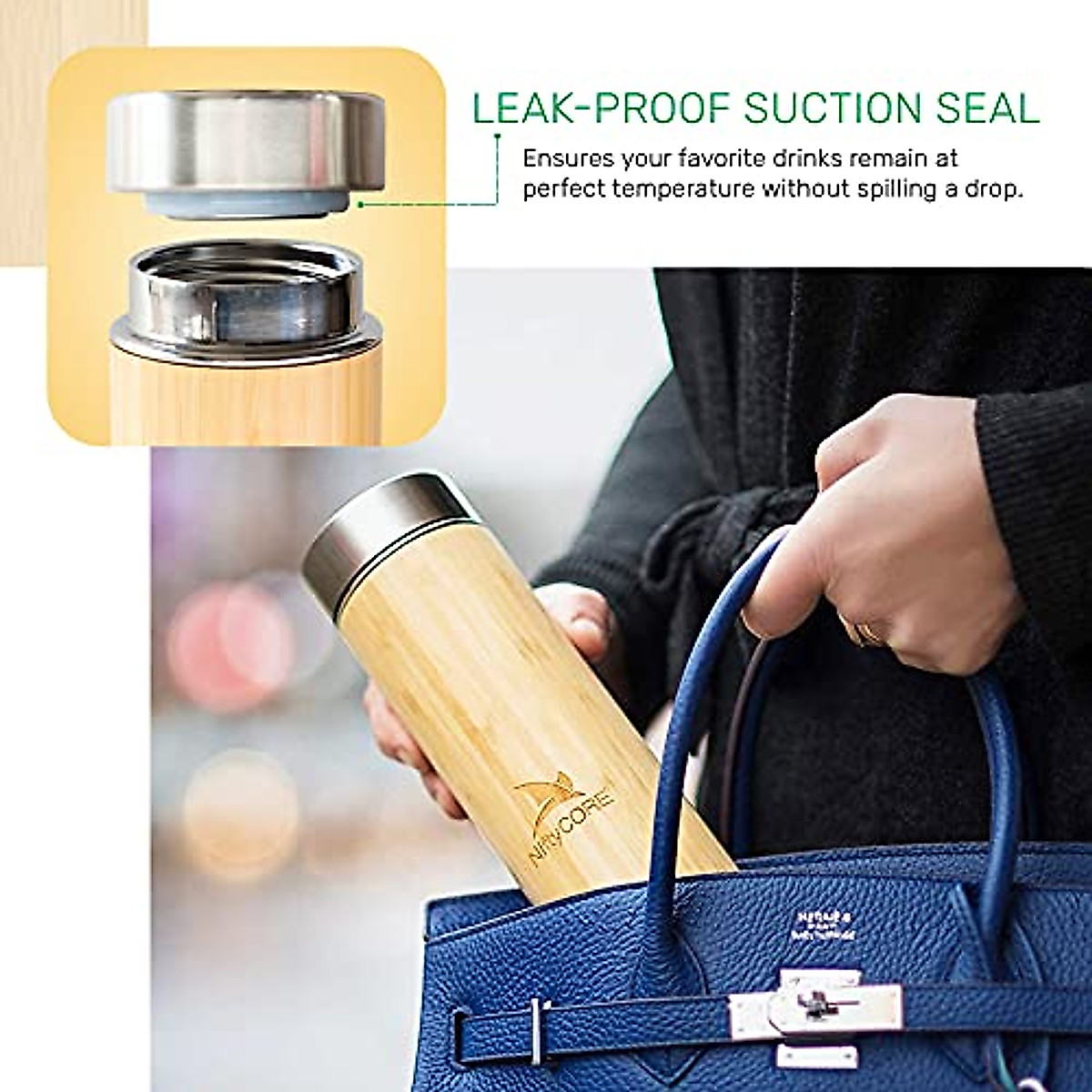 Bamboo Tumbler with Tea Infuser Bottle Loose Leaf Strainer – Advanced Double Insulated Stainless Steel Travel Thermos - Best Gift for Tea Lovers - Leak-Proof Hot Coffee Mug, Fruit Water Bottle (17 oz)