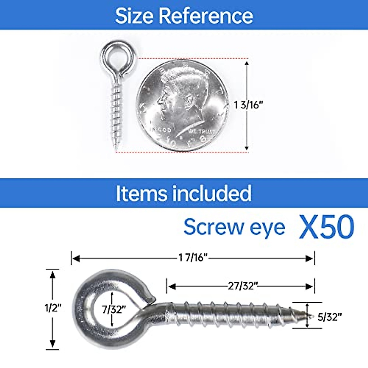 Muzata 50pack 1 15/32’’ M4 Screw Eye Hook Wood Screws Metal Hook T316 Stainless Steel for Wood Securing Cable Wire Terminal Ring Eyelet Self Tapping Eye Bolt Indoor Outdoor CN20 HN2