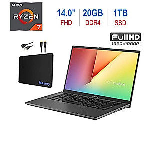 ASUS Newest VivoBook 14-inch FHD 1080p Laptop PC, AMD Ryzen 7 3700U, 20GB DDR4, 1TB SSD, Fingerprint Reader, Backlit Keyboard, AMD Radeon RX Vega 10 Graphics, W10 Home w/Mazepoly Accessories