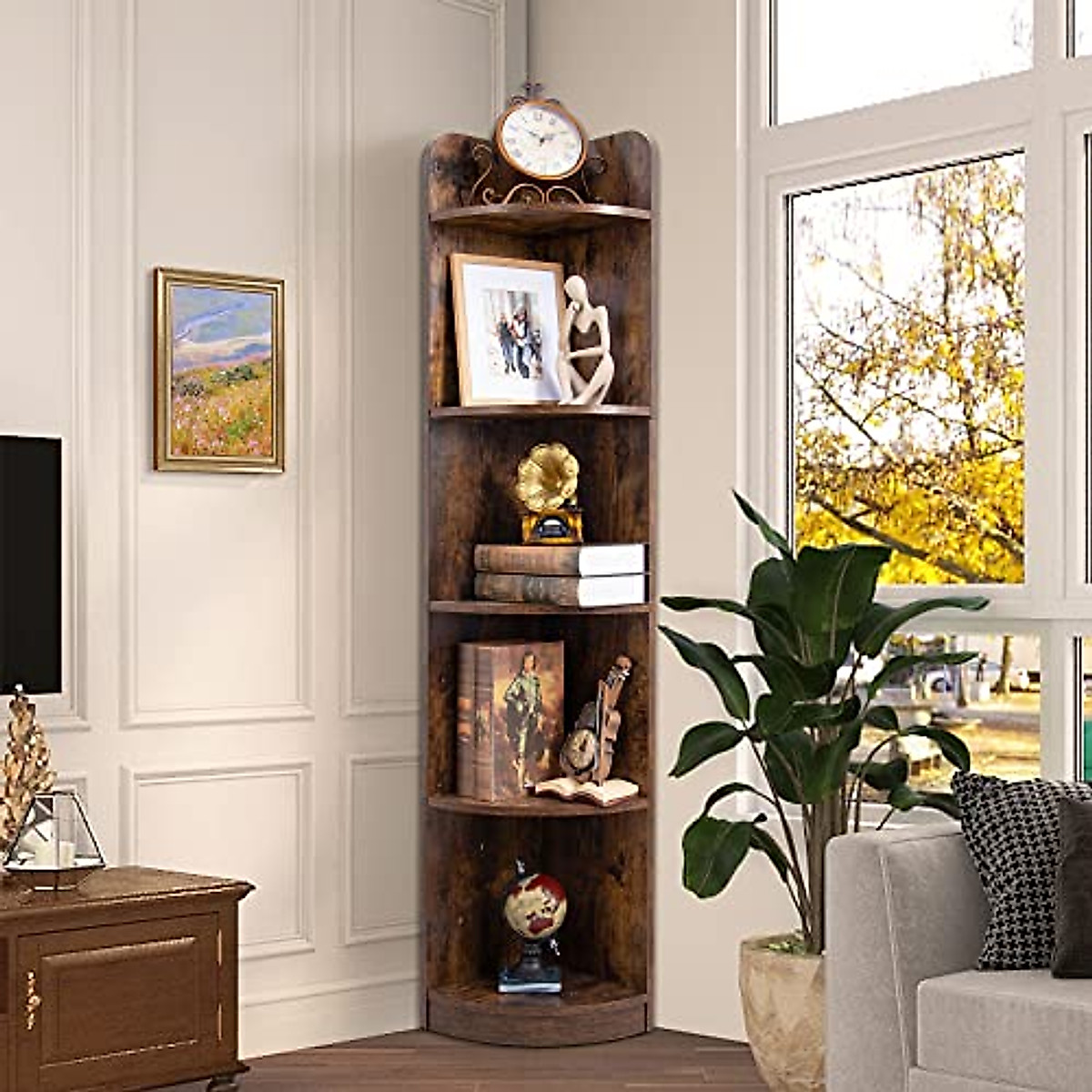 Fun Memories 5-Tier Corner Bookshelf - 63" Tall Modern FreeStanding Corner Bookcase - Durable Wood Corner Cabinet - Perfect for Living Rooms, Bedrooms and Offices - Brown