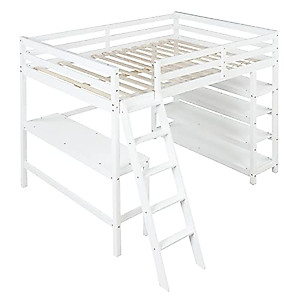 Harper & Bright Designs Full Size Loft Bed with Desk Underneath Full Loft Bed with Shelves and Ladder, Wood Loft Bed Full for Kids Girls Boys,White