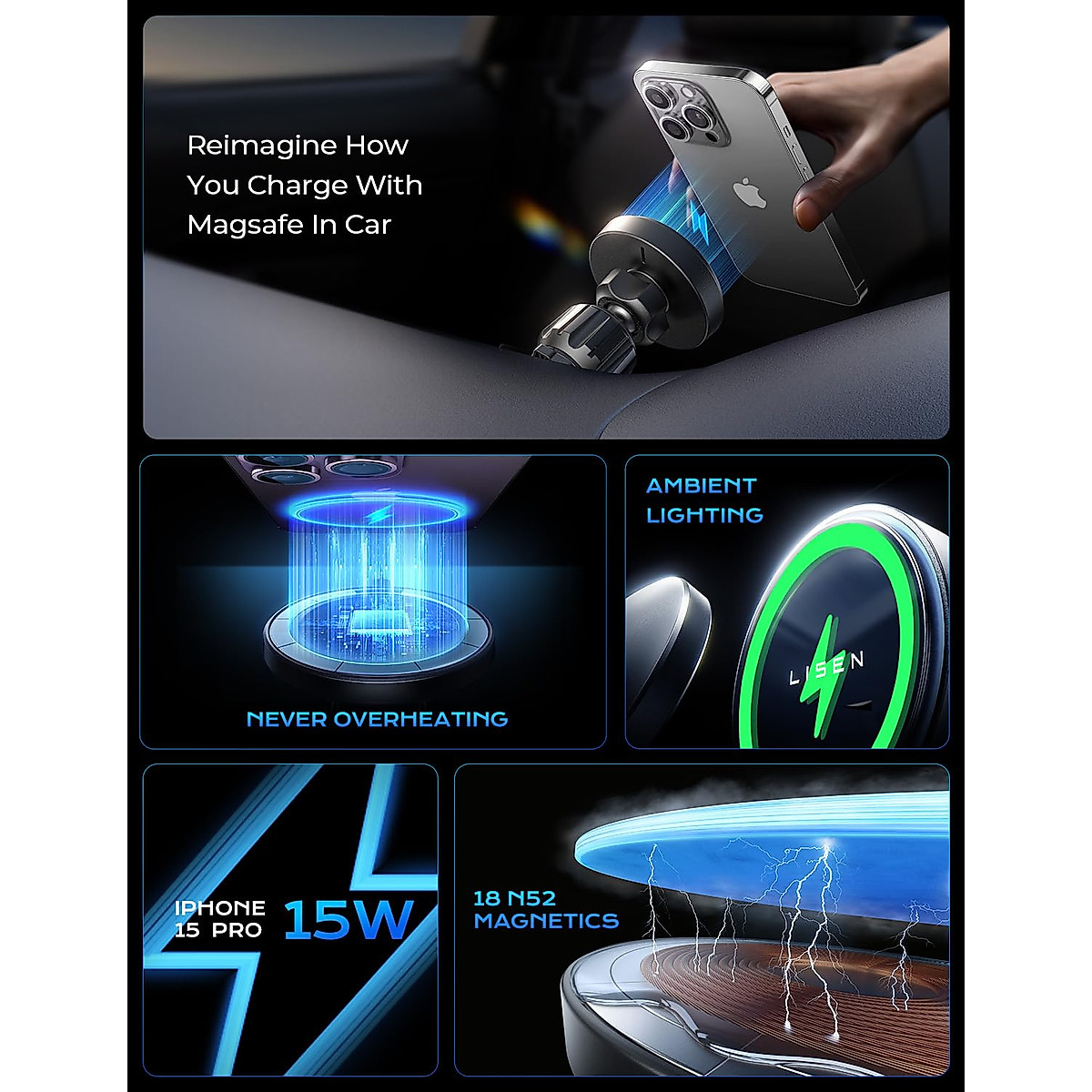 LISEN for 15W MagSafe Car Mount Charger,Universal iPhone Magnetic Wireless Car Charger,MagSafe Charging Mount Wireless for iPhone 16 Pro Max Accessories Fits iPhone 16 15 14 13 12,Matte Sliver