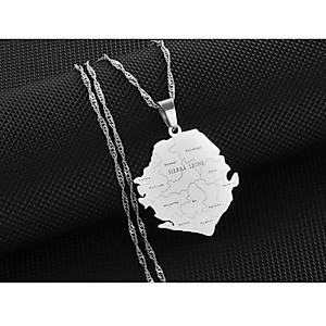 Sierra Leone Map Pendant Necklace - Country Outline with Cities Name Charm African Ethnic Style Hip-Hop Chain Patriotic Jewelry, Women Men Unisex Gifts,White,One Size