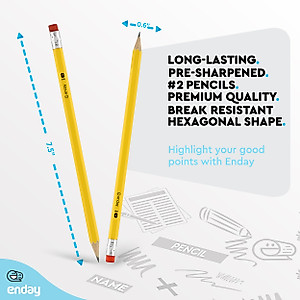 Enday Presharpened #2 Pencils 24 Count, Wood-Cased Yellow Sharpened Pencils with Latex-Free Eraser, Long-Lasting Durable No 2 Pencils for School, Office and Classroom Supplies