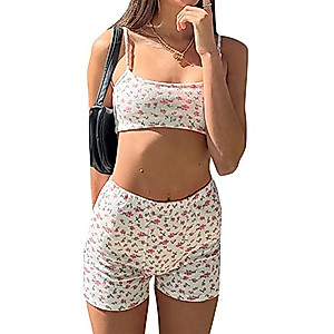 WZTYYDS Women Two Pieces Knitted Shorts Set Sleeveless Straps Floral Crop Tank Tops High Waist Shorts Outfits Streetwear (Pink Floral, L)