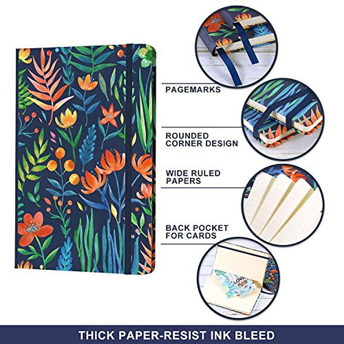 Lemome Home Journal/Ruled Notebook - Hardcover Ruled Journal with Premium Thick Paper, 5.8" x 8.4", Back Pocket + Bookmark + Round Corner Paper + Banded - Navy Floral