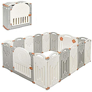 Costzon Baby Playpen, 16-Panel Foldable Baby Fence w/Locking Gate, Non-Slip Rubber Bases, Adjustable Shape, Portable Baby Play Yards Design for Indoor Outdoor Use (Beige + Gray, 16-Panel)