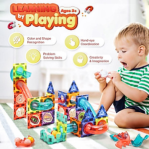 Lekebaby Magnetic Tiles Marble Run Race Track Magnet Building Block for Kids 110 Pieces STEM Learning Construction Toys Gifts for Boys Girls Age 3 and Up