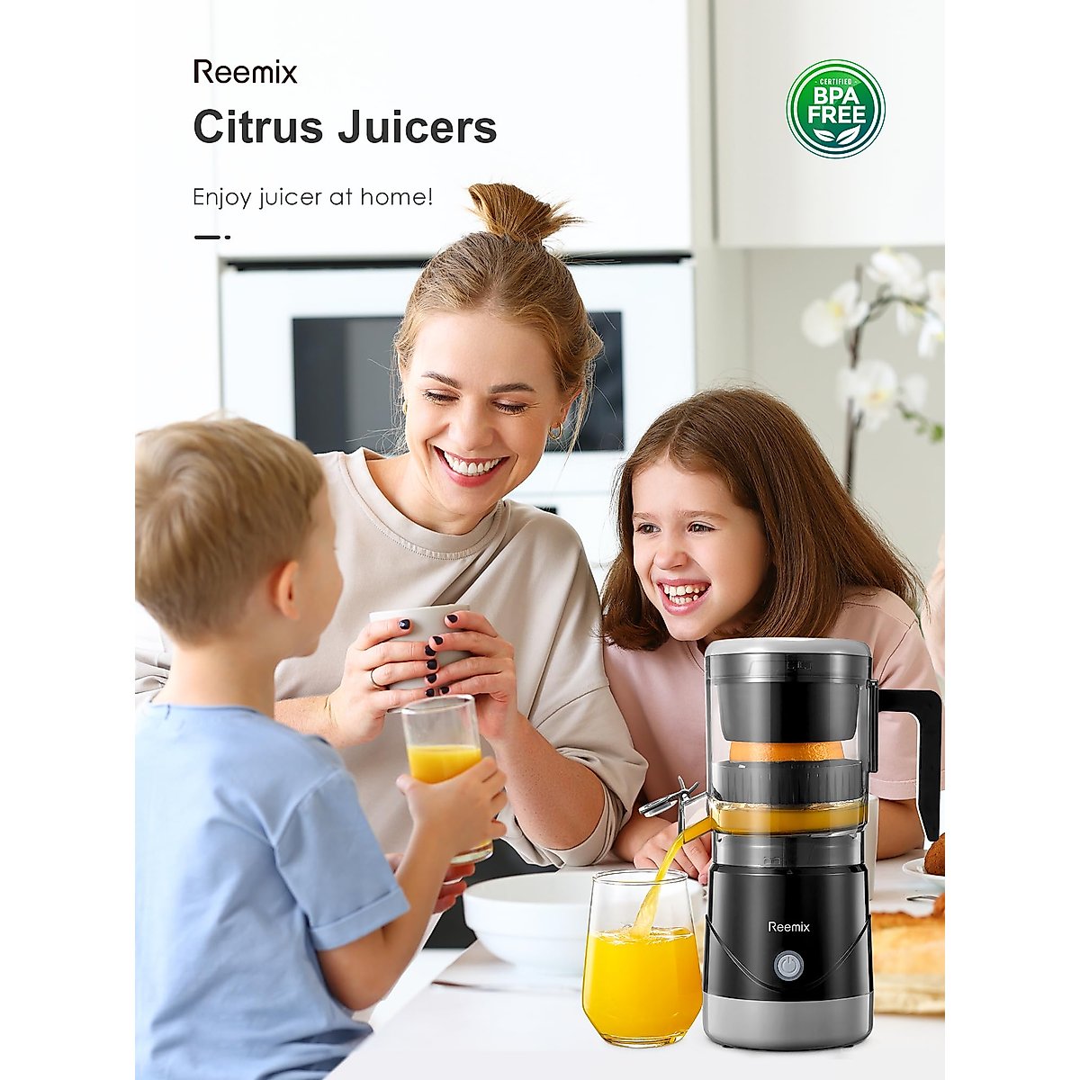 lectric Citrus Juicer, Reemix Full-Automatic Orange Juicer Squeezer for Orange, Lemon, Grapefruit, Citrus Juicer with Cleaning Brush, Easy to Clean and Use (Black)