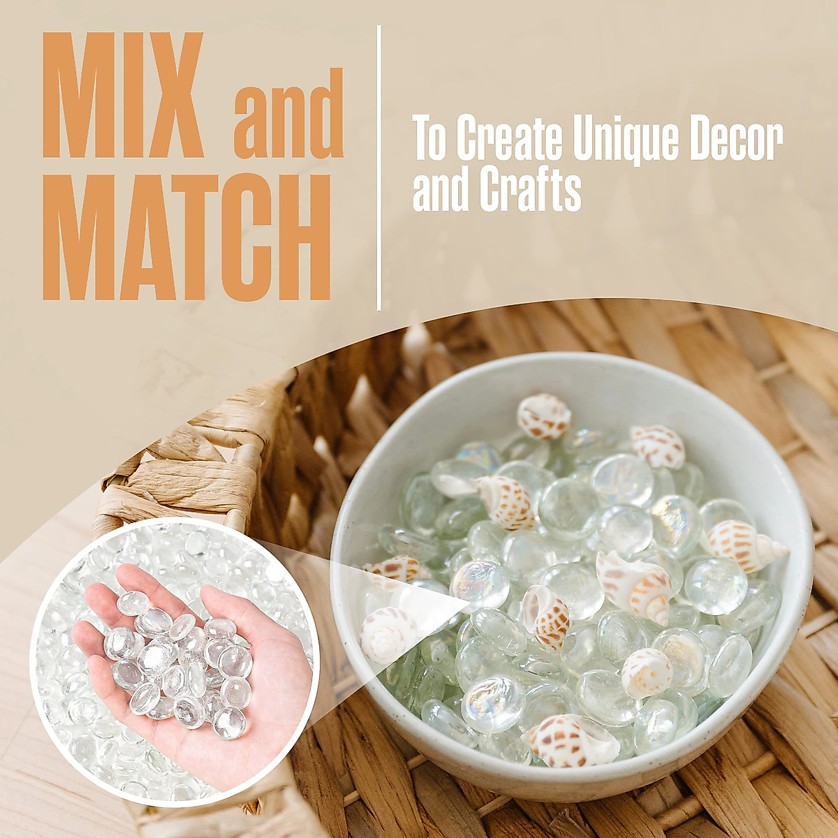 Houseables Glass Stone, Clear Marbles, Pebbles for Vases, 5 LB, 400-500 Stones, Flat Bottom, Round Top, Rocks, Bowl Filler Gems, Iridescent Decor, Decorative Centerpieces, Florist Supplies, Aquarium