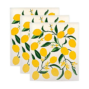 DII Swedish Dishcloths for Kitchen & Cleaning, Reusable, Machine Washable & Dishwasher Safe, Biodegradable, 7.75 x 6.75, Lemons, 3 Piece