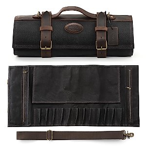 XINZUO Chef Knife Roll Bag Professional,16oz Waxed Canvas and Crazy Horse Leather,12 Slots Plus 2 Zipper Pockets,Adjustable Shoulder Strap-Travel Tool Roll Pouch(Bag Only)