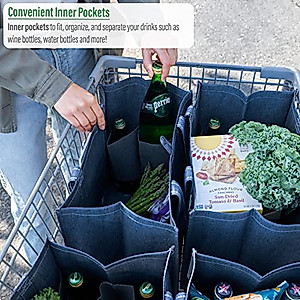 VENO 4 Pack Reusable Grocery Shopping Bag w/bottle holder, Hard bottom, Foldable, Multipurpose Heavy Duty Tote, Daily Utility bag, Stands Upright, Sustainable (Set of 4, Navy Blue)