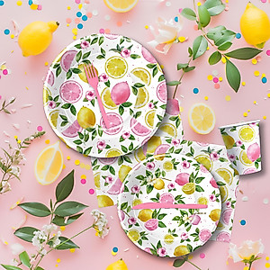 Suhelkit Lemon Party Decorations Tableware For Girls - Lemon Birthday Party Supplies, Plate, Napkin, Cup, Cutlery, Summer Pink Lemon Baby Shower Bridal Shower Table Decorations Dinnerware | 24 Guests