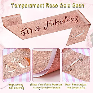 Gaciban 50th Birthday Decorations Women，50th Birthday Crown and Sash, Cake Topper, Birthday Candles, Napkins Sett, 50th Birthday Gifts for Women (Rose Gold)