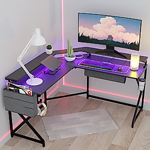 L Shaped Gaming Desk with Power Outlets, 51.5" Computer Desk with Cup Holder and Headphone Holder,Corner Desk Home Office Desk with Glowing Mouse Pad，Black