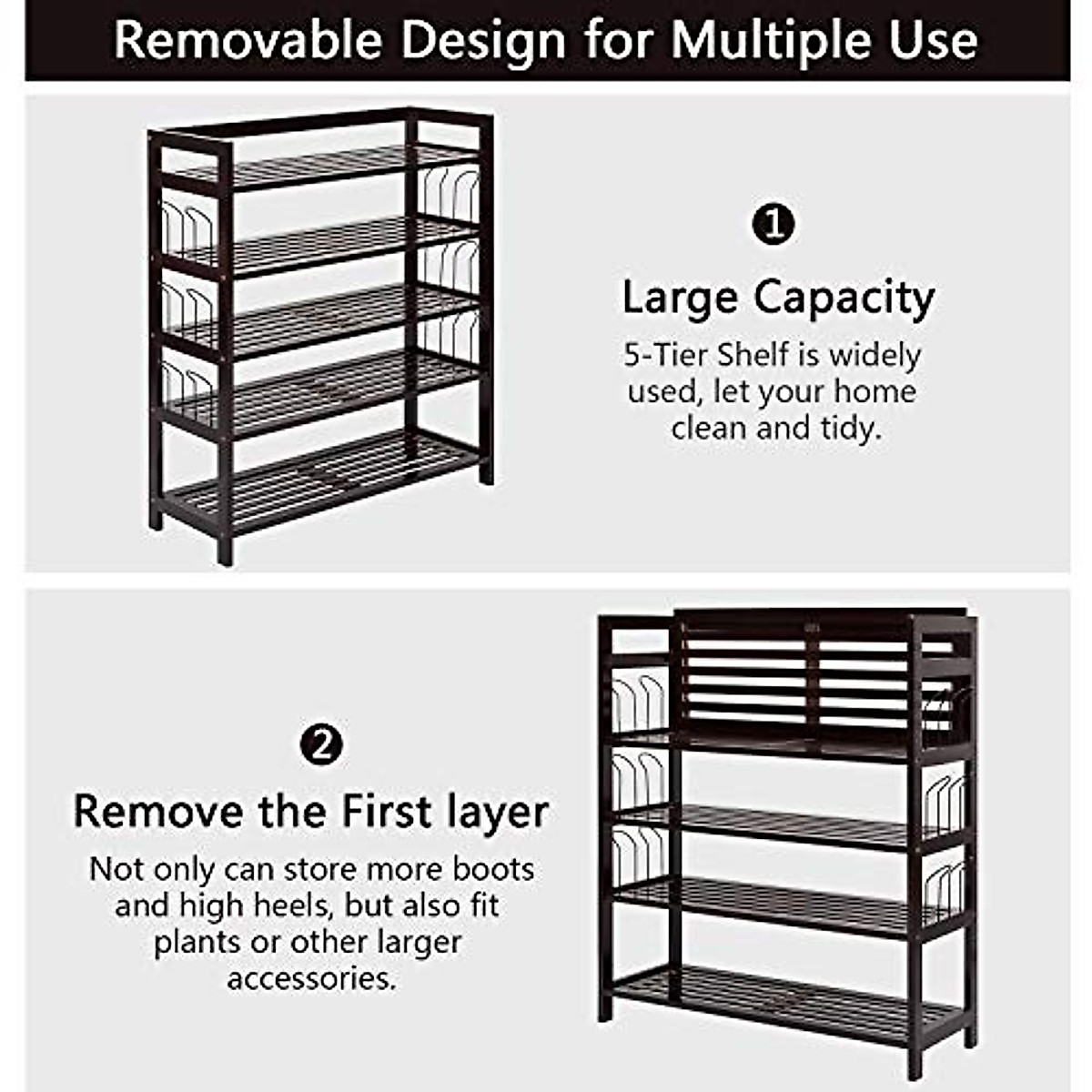 Kinsuite Shoe Rack Organizer 5-Tier Bamboo Shoe Shelf Free Standing Adjustable Shelves with 12 Hooks for Entryway Closet Bedroom, Dark Brown