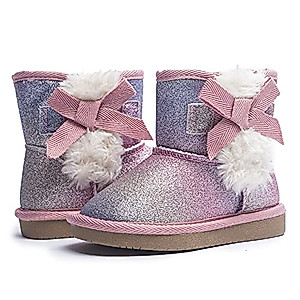 KRABOR Toddlers/Little Girls Boots,Glitter Warm Winter Snow Shoes with Cotton Lining and Cute Bow Magic Pink Size 1