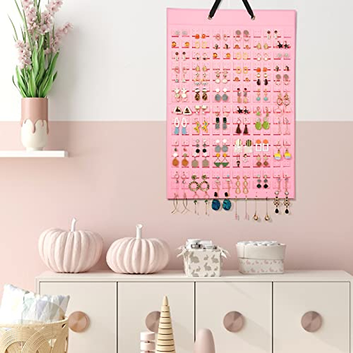 Lolalet Hanging Earring Organizer Earring Holder with 20 Hooks, Holds Up to 360 Pairs, Wall Earrings Hanger Pierced Earring Storage for Women Girls, Large Felt Stud Earring Display -Pink, 1 Pack